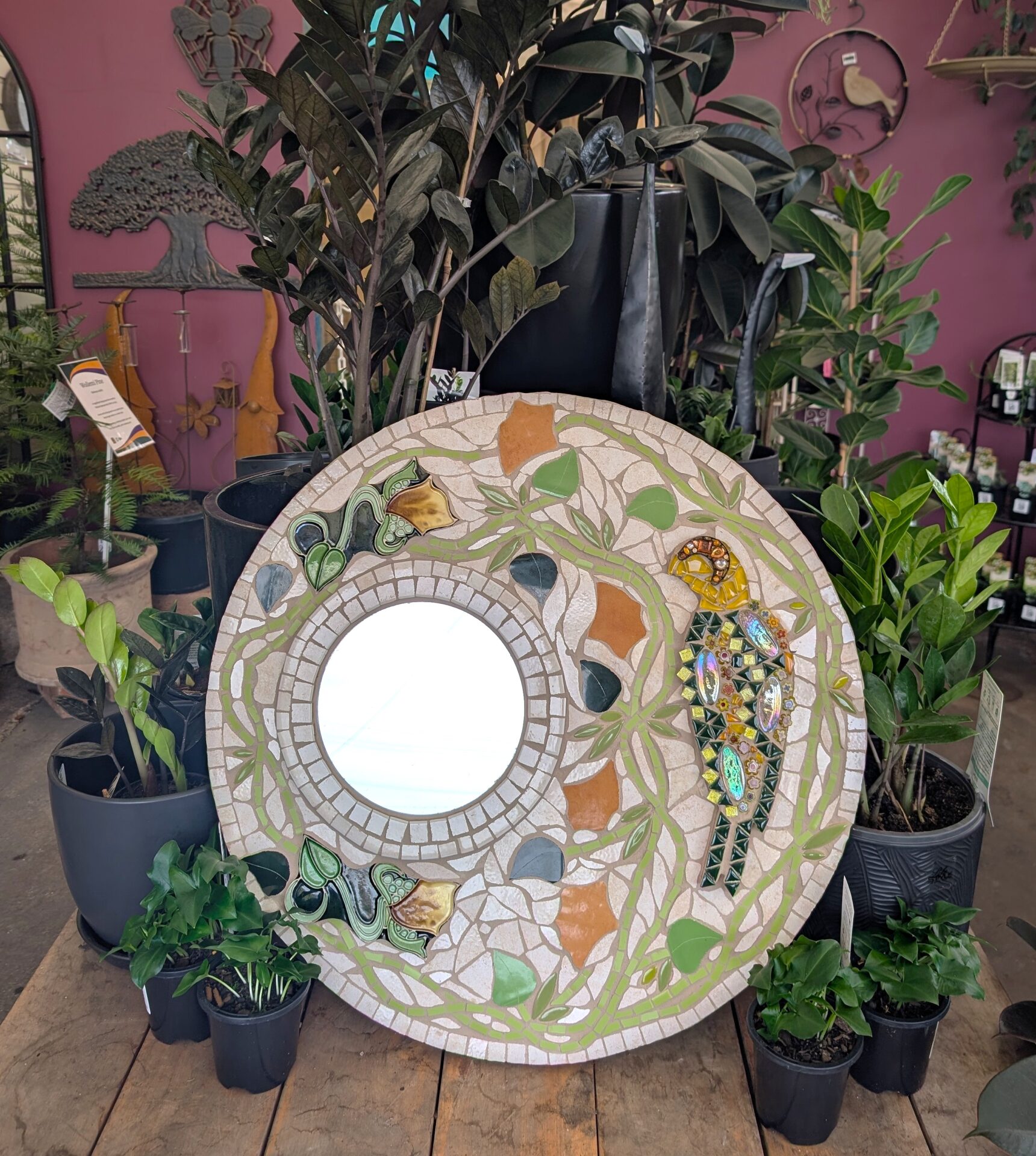 Mirror - Mosaic Bird - Wood and Tile - Guildford Garden Centre